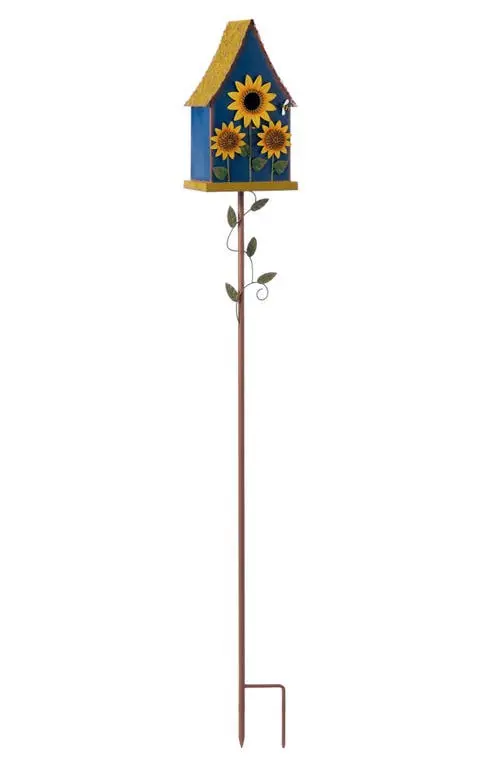 GLITZHOME 52"h Metal Daisy Decorative Garden Birdhouse With Stake