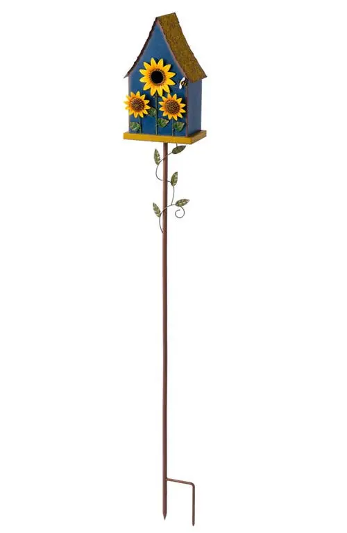 GLITZHOME 52"h Metal Daisy Decorative Garden Birdhouse With Stake