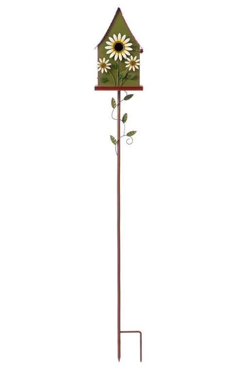 GLITZHOME 52"h Metal Daisy Decorative Garden Birdhouse With Stake - Green