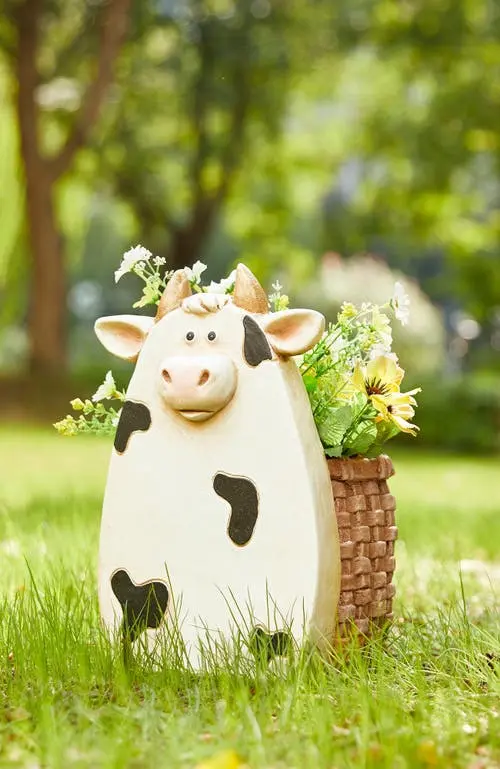 GLITZHOME Mgo Cute Cow Statue Planter Table Figurine