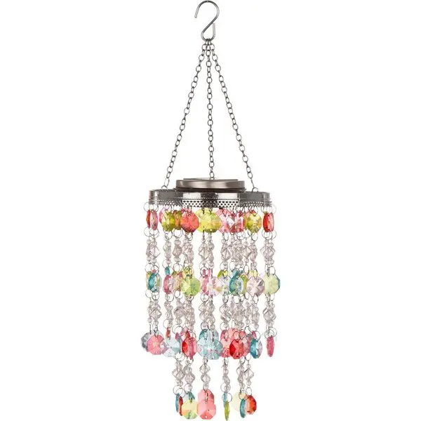 GLITZHOME Solar Lighted Acrylic Jewel Beaded Wind Chime Or Chandelier Hanging Decor - Red