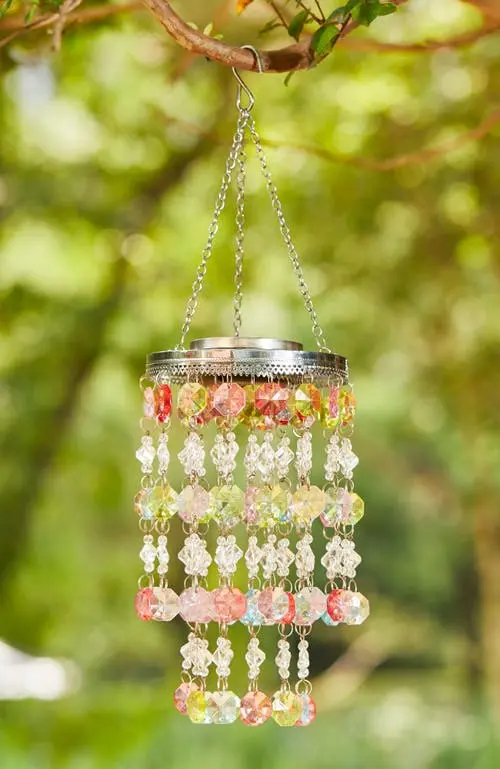 GLITZHOME Solar Lighted Acrylic Jewel Beaded Wind Chime Or Chandelier Hanging Decor