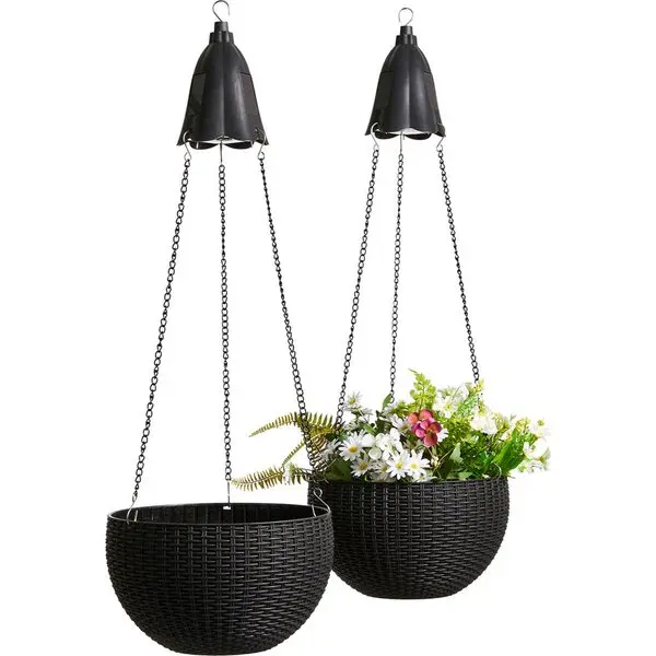 GLITZHOME Set Of 2 Solar Lighted Hanging Plastic Basket Planters - Black
