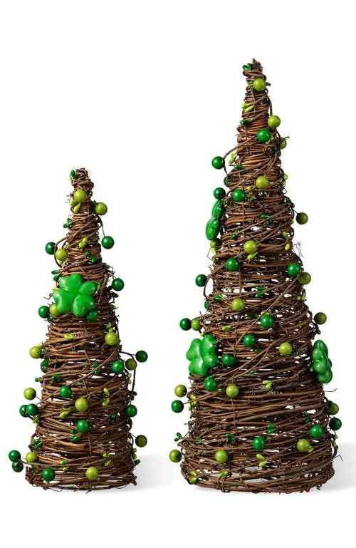 GLITZHOME Set Of 2 St. Patrick's Rattan Shamrock And Berries Table Tree - Green