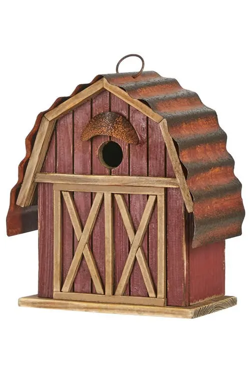 GLITZHOME 10.25"h Rustic Solid Wood Barn Birdhouse - Red