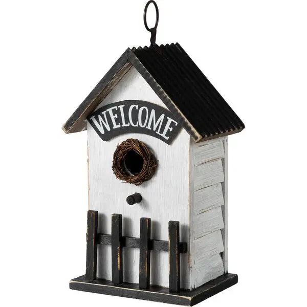 GLITZHOME Washed Distressed Solid Wood "home" Or "welcome" Birdhouse - Black