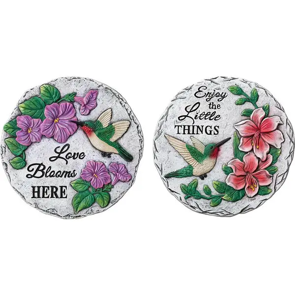 GLITZHOME Set Of 2 Cement Hummingbird & Flower Textured Stepping Stones - White