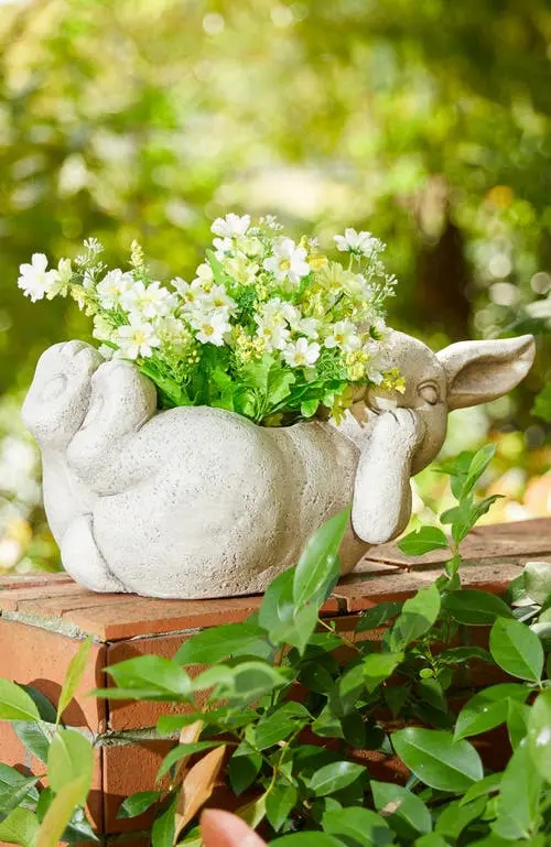 GLITZHOME Mgo Lying Bunny Rabbit Statue Planter Easter Decor