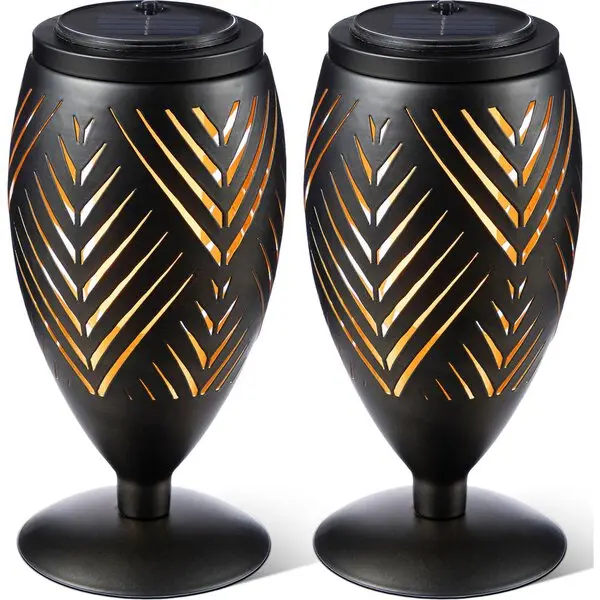 GLITZHOME Set Of 2 Metal Cutout Stripe Pattern Solar Powered Outdoor Lantern With Led Light - Black