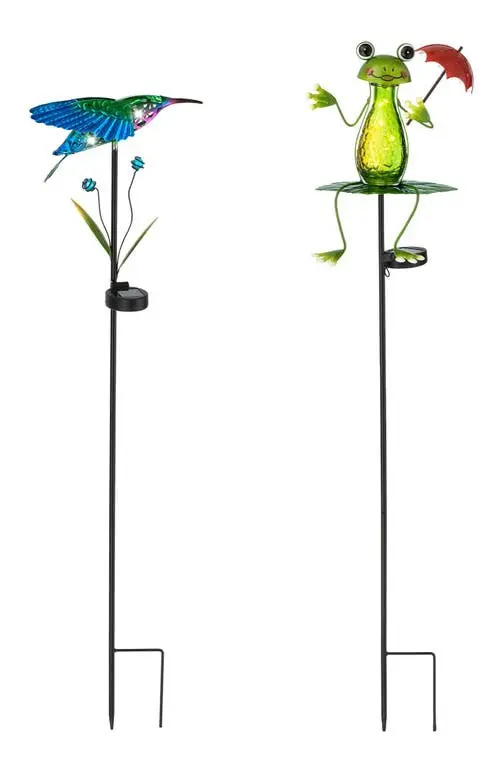 GLITZHOME Set Of 2 36"h Solar Hummingbird & Frog Yardstakes - Green