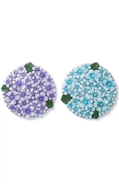 GLITZHOME Set Of 2 Cement And Purple Hydrangea Textured Stepping Stones - Blue
