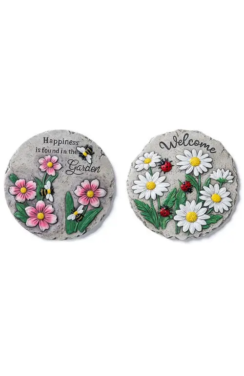 GLITZHOME Set Of 2 Cement Flower Textured Stepping Stones - Grey
