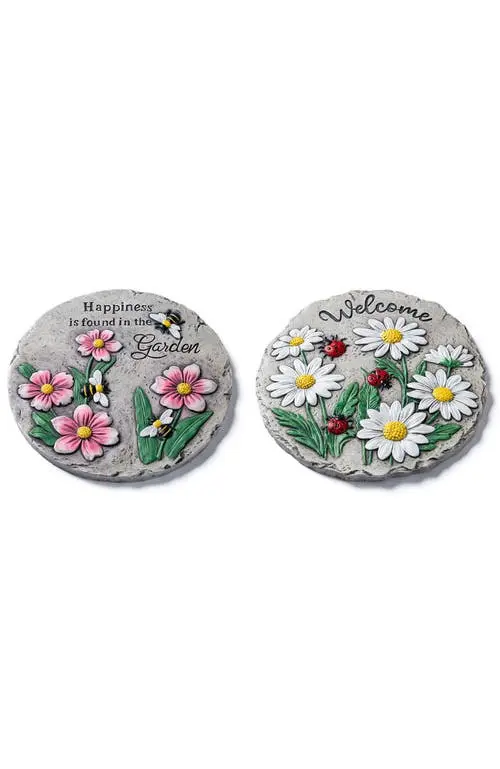 GLITZHOME Set Of 2 Cement Flower Textured Stepping Stones