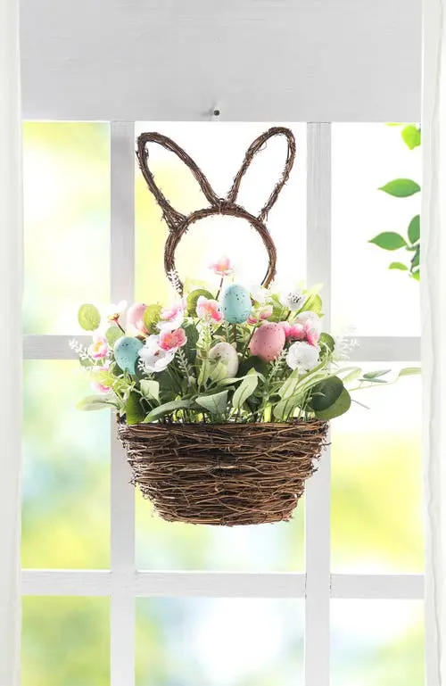 GLITZHOME Easter Egg And Flower Bunny Shaped Basket Centerpiece