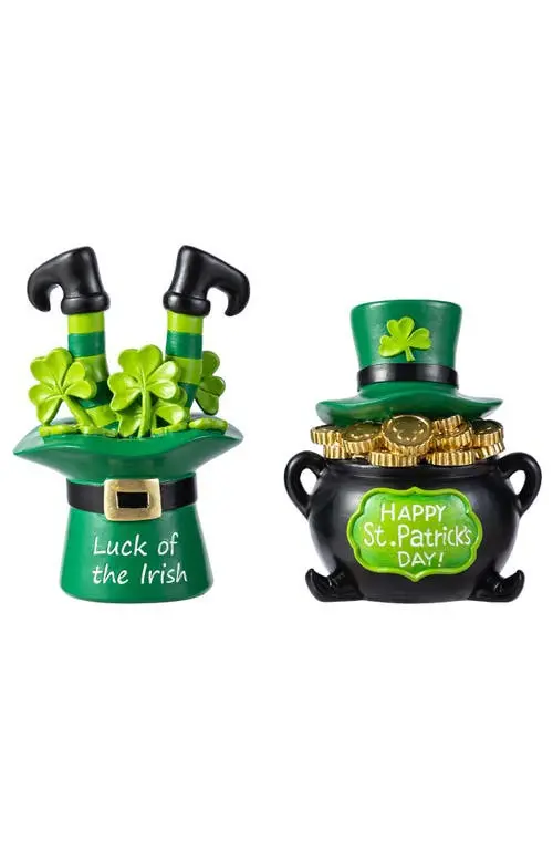 GLITZHOME Set Of 2 St. Patrick's Resin Pot Of Gold & Leprechaun Hat Table Decor - Green