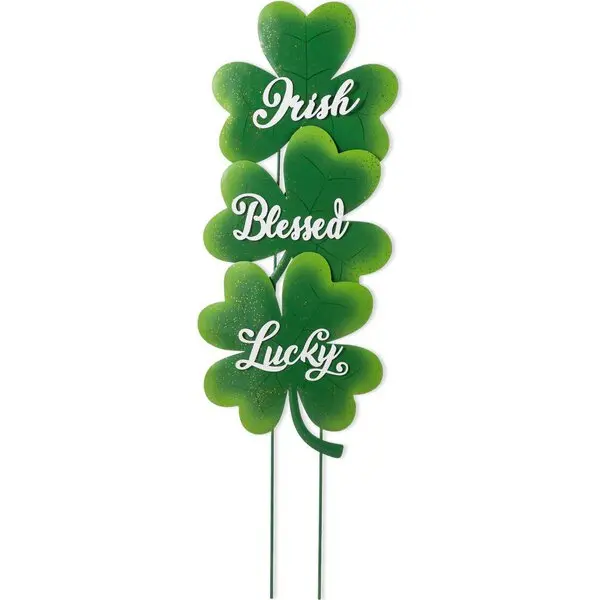GLITZHOME Set Of 3 St. Patrick's Metal Shamrock Yard Stake - Green