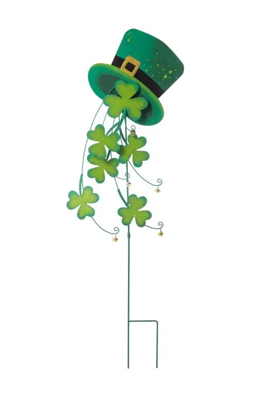GLITZHOME St. Patrick's Metal Leprechaun Hat Shamrocks Yard Stake - Green