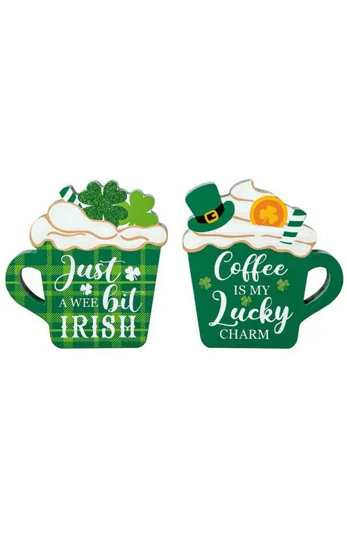GLITZHOME Set Of 2 Wooden St. Patrick's Coffee Cup Table Decor - Green