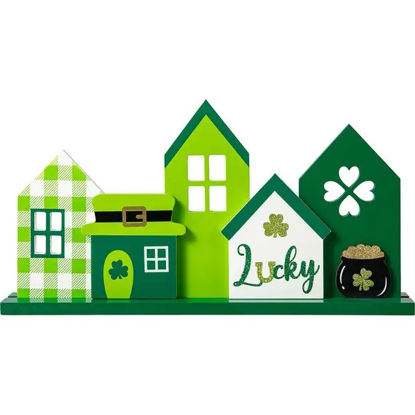 GLITZHOME 16"l St. Patrick's Wooden Lucky House Table Decor - Green