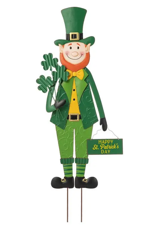 GLITZHOME St. Patrick's Metal Leprechaun Yard Stake Standing Decor Or Wall Sign - Green