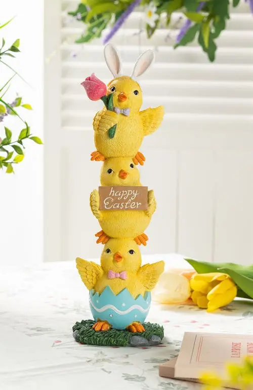 GLITZHOME Easter Resin Stackable Chickens Table Decor