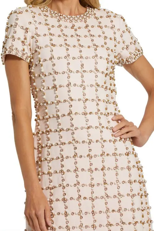 Mac Duggal Rhinestone Beaded Neoprene Mini Dress - Blush
