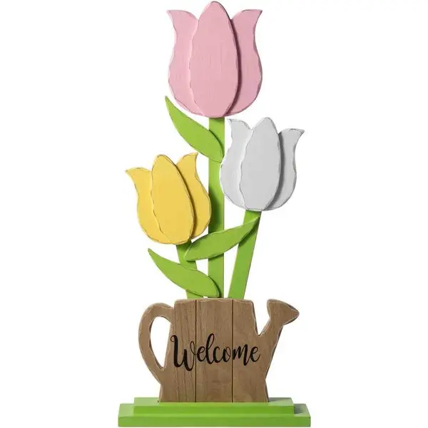 GLITZHOME 30"h Easter Wooden Tulip Porch Decor - White