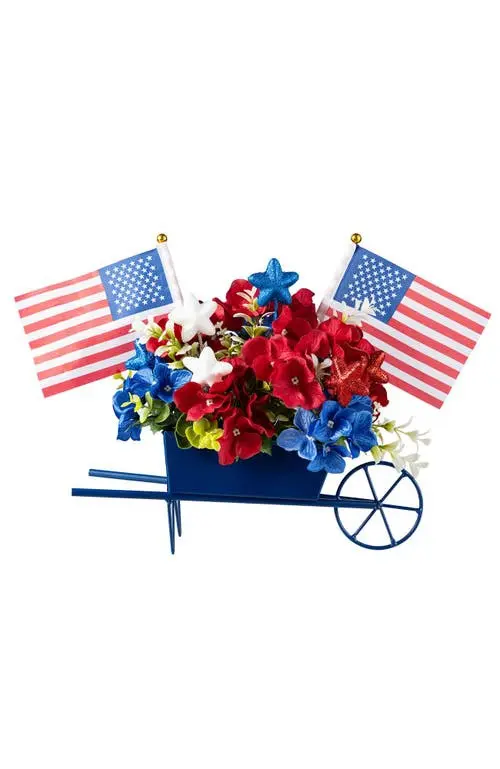 GLITZHOME Patriotic Americana Hydrangea Metal Wagon Centerpiece