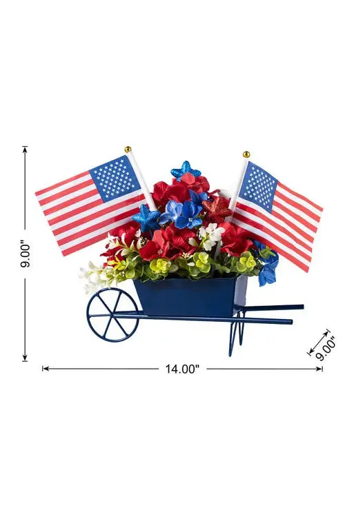 GLITZHOME Patriotic Americana Hydrangea Metal Wagon Centerpiece