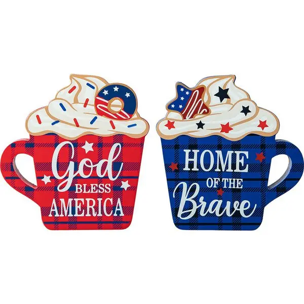 GLITZHOME Set Of 2 Patriotic Americana Wooden Coffee Cup Table Decor - Blue