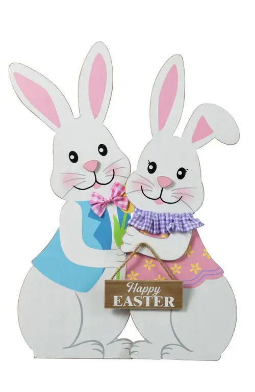 GLITZHOME Set Of 2 Easter Wooden Bunny Porch Decor - White