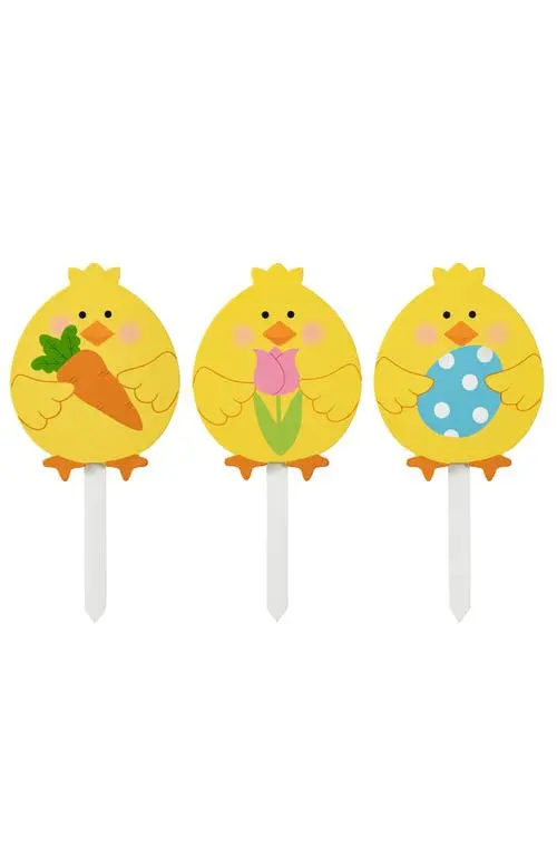 GLITZHOME Set Of 3 Wooden Easter Egg Chick Picks Yard Stakes - Yellow