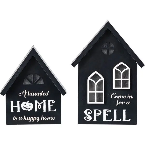 GLITZHOME Set Of 2 Lighted Halloween Wooden House-shaped Table Decor