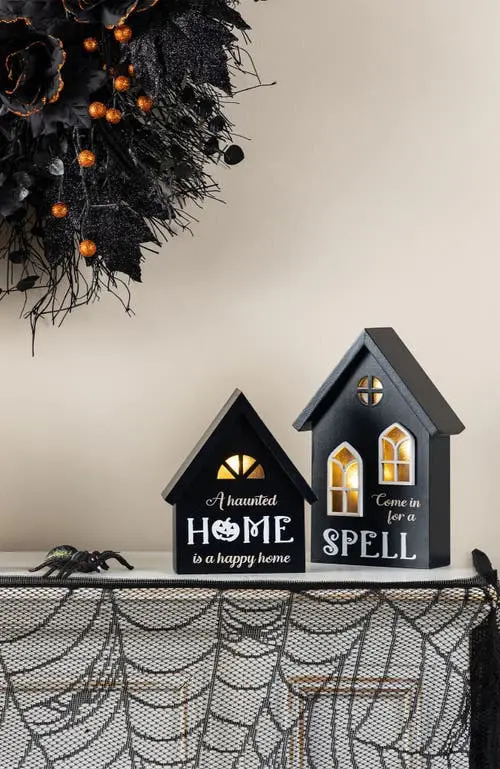 GLITZHOME Set Of 2 Lighted Halloween Wooden House-shaped Table Decor