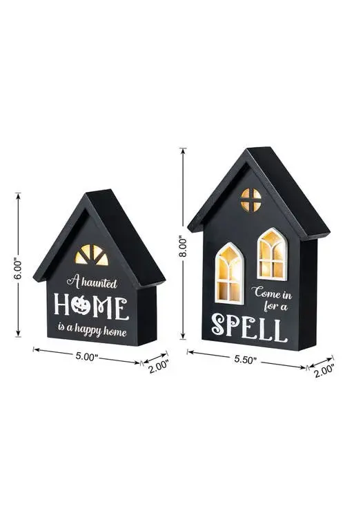 GLITZHOME Set Of 2 Lighted Halloween Wooden House-shaped Table Decor
