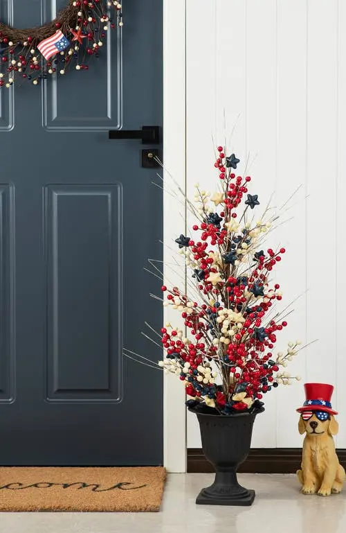 GLITZHOME 3ft Patriotic Americana Lighted Berry Stars Urn Porch Tree With Timer