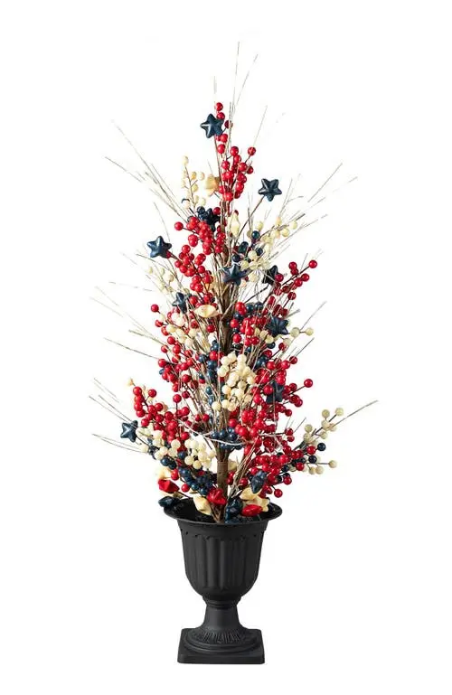 GLITZHOME 3ft Patriotic Americana Lighted Berry Stars Urn Porch Tree With Timer