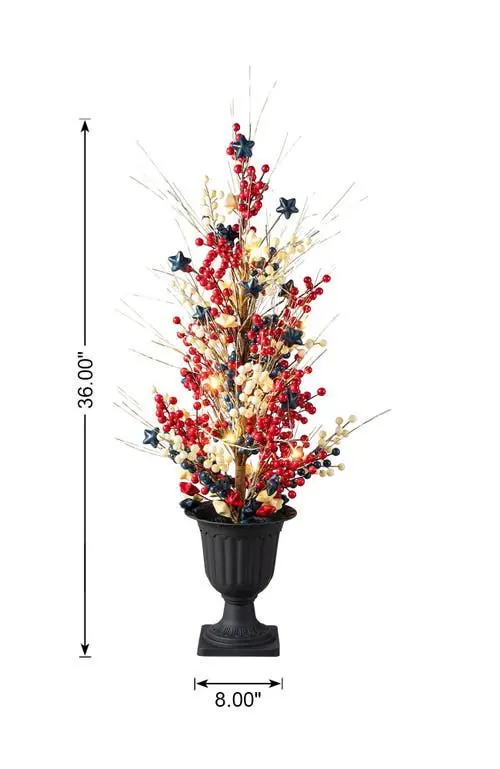 GLITZHOME 3ft Patriotic Americana Lighted Berry Stars Urn Porch Tree With Timer