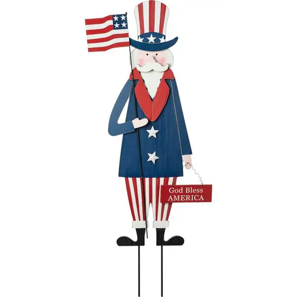 GLITZHOME Wooden Patriotic Uncle Sam Yard Stake Wall Sign Or Porch Decor - Blue