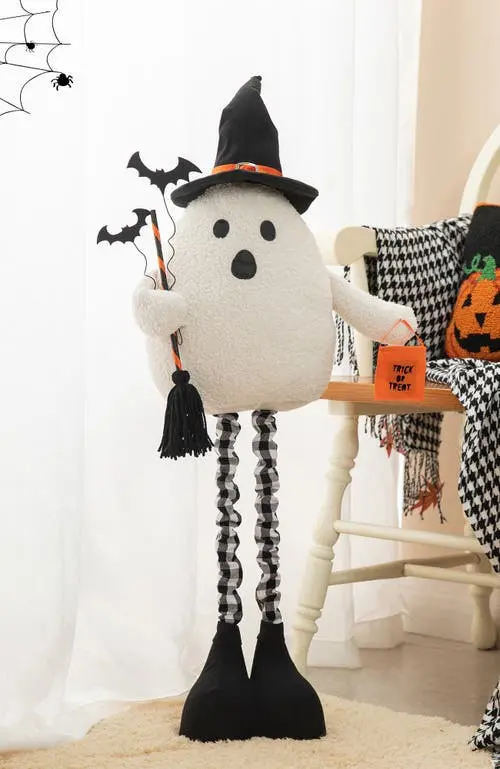 GLITZHOME Lighted Halloween Fabric Standing Ghost With Telescoping Legs And Timer