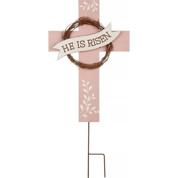 GLITZHOME 32"h Easter Wooden Metal Cross Yard Stake Or Wall Decor - Brown