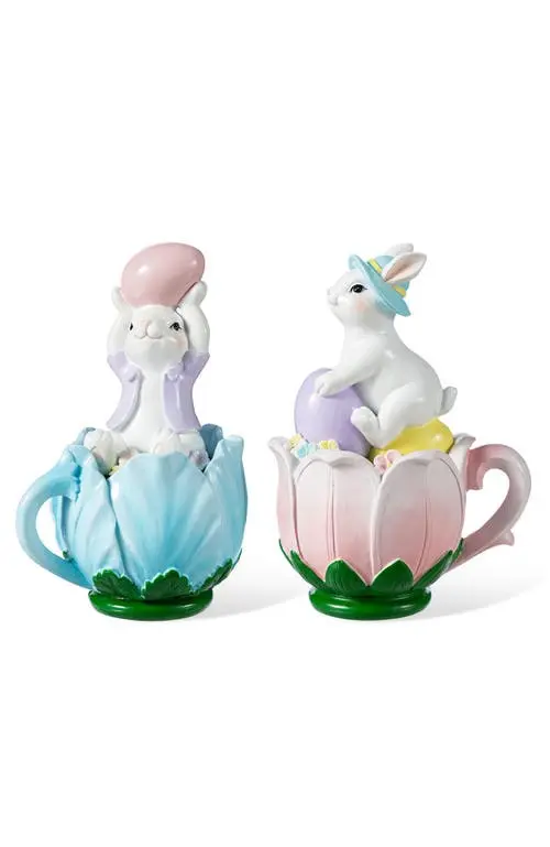 GLITZHOME Set Of 2 Easter Resin Bunny On Tulip Mug Table Decor - White