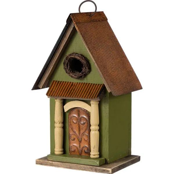 GLITZHOME Rustic Garden Distressed Solid Wood Decorative Bird House - Open Green