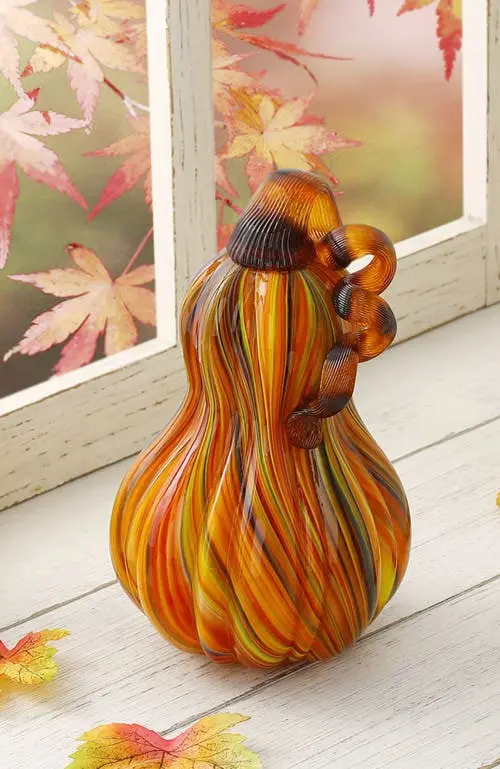 GLITZHOME Fall Multi Stripes Glass Gourd Pumpkins - Brown