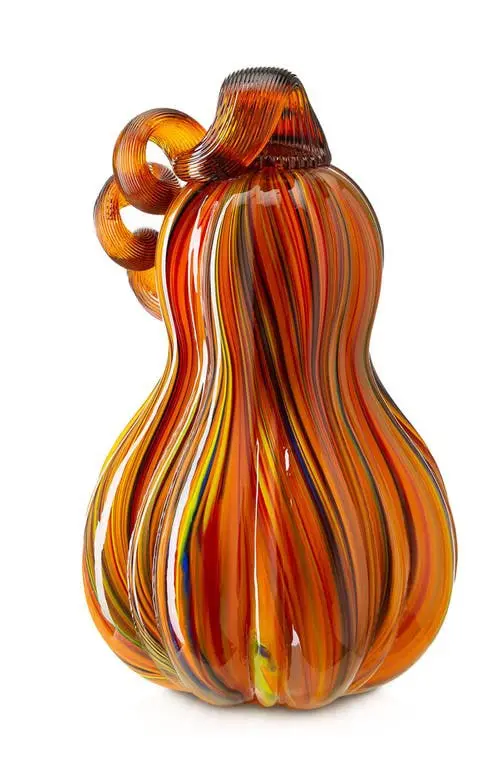 GLITZHOME Fall Multi Stripes Glass Gourd Pumpkins - Brown