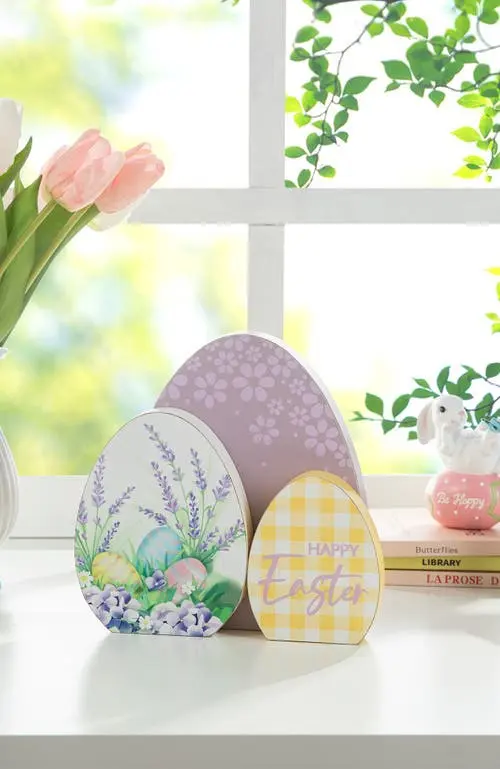 GLITZHOME 7.75"h Easter Wooden Eggs Table Decor