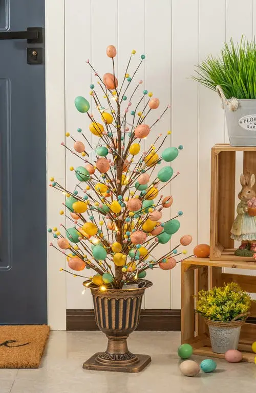 GLITZHOME 3ft Easter Egg & Flower/ Berry Urn Porch Tree With 20 Warm White Lights & Timer