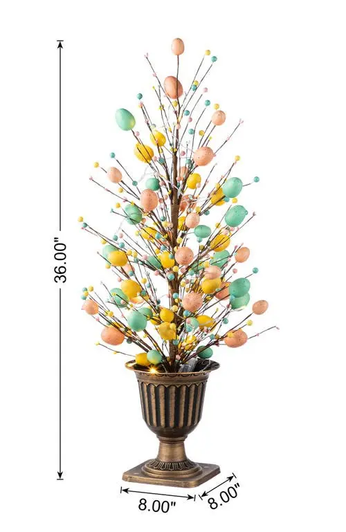 GLITZHOME 3ft Easter Egg & Flower/ Berry Urn Porch Tree With 20 Warm White Lights & Timer