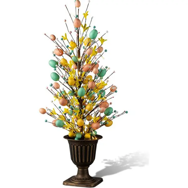 GLITZHOME 3ft Easter Egg & Flower/ Berry Urn Porch Tree With 20 Warm White Lights & Timer - Yellow