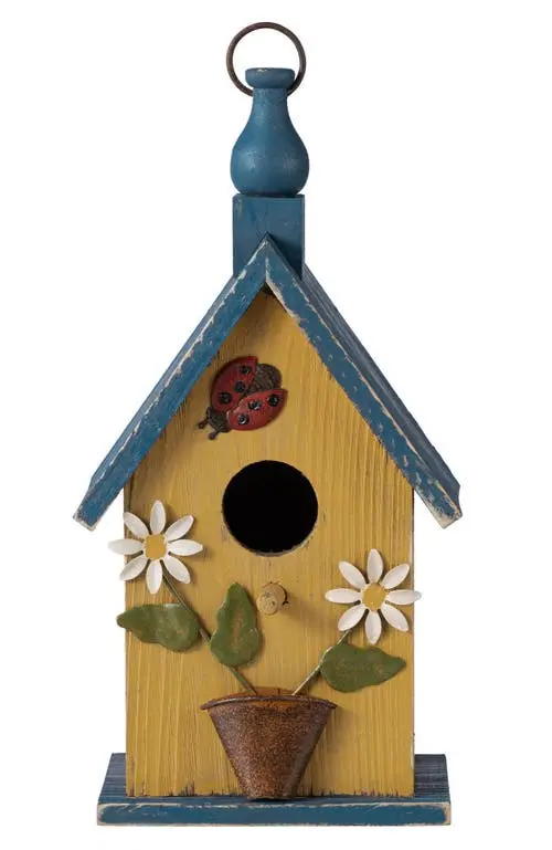 GLITZHOME 12.25"h Distressed Solid Wood Cottage Garden Birdhouse With Bees And Flowers - Yellow